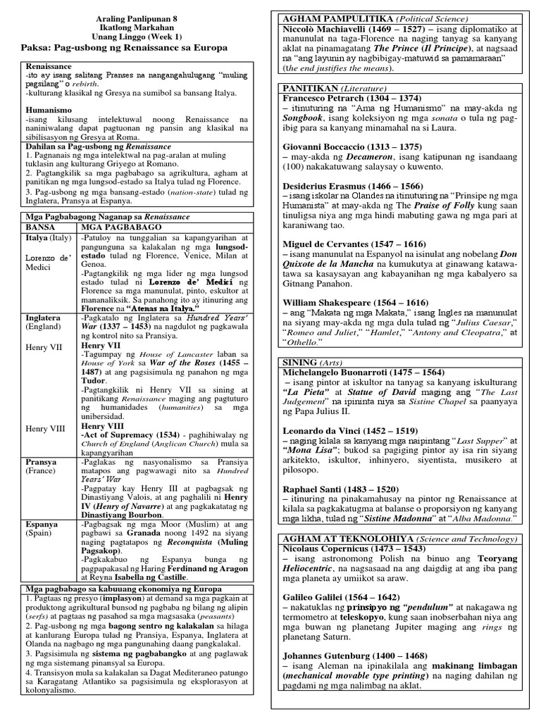 Ap Q3 Week 1 Notes Renaissance | PDF