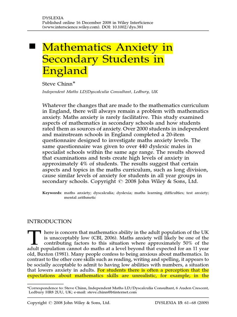 Mathematics Anxiety in Secondary Students in England: Independent Maths ...