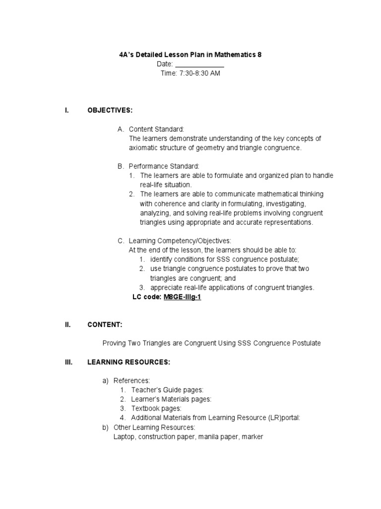 Triangle Congruence Lesson Plan for Grade 8 | PDF | Characters In Romeo ...