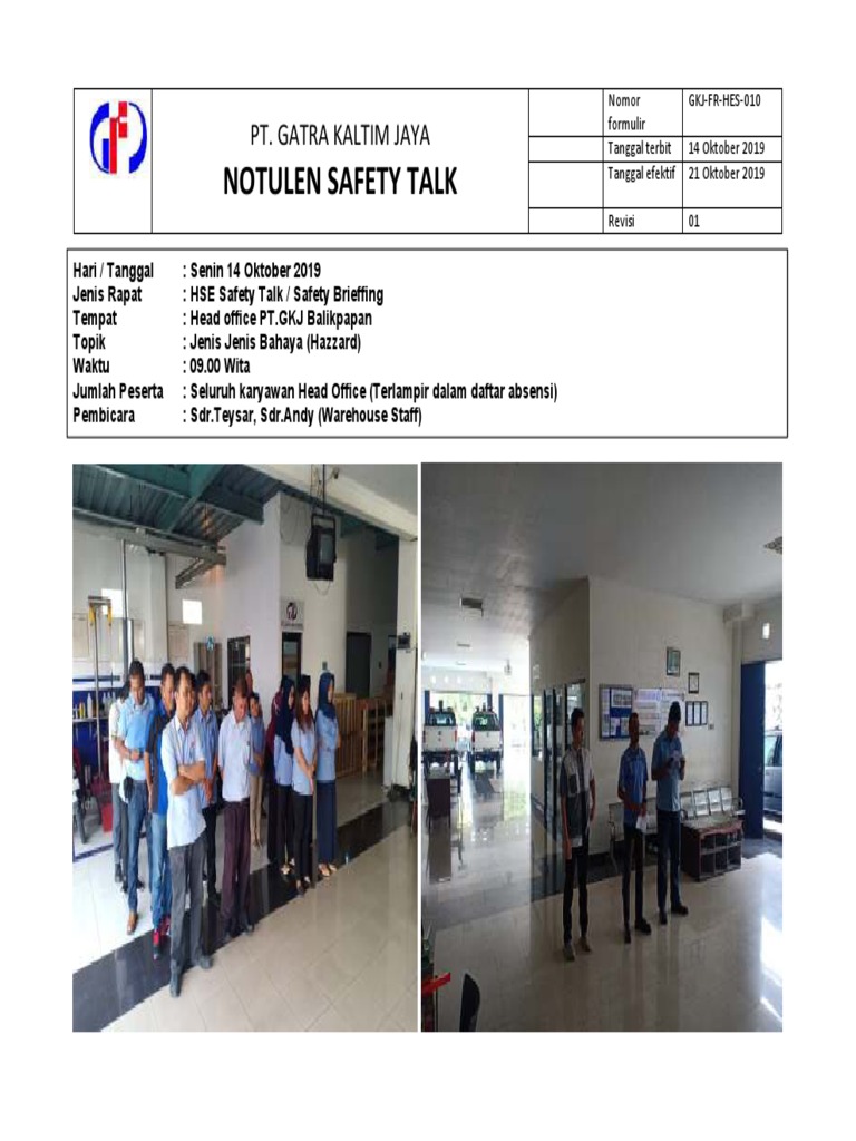 Notulen Safety Talk Senin 151019 | PDF