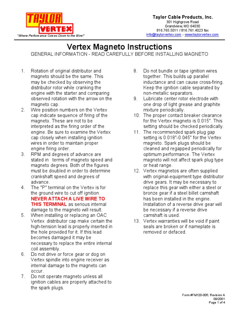 Vertex Magneto Instructions: Taylor Cable Products, Inc | PDF