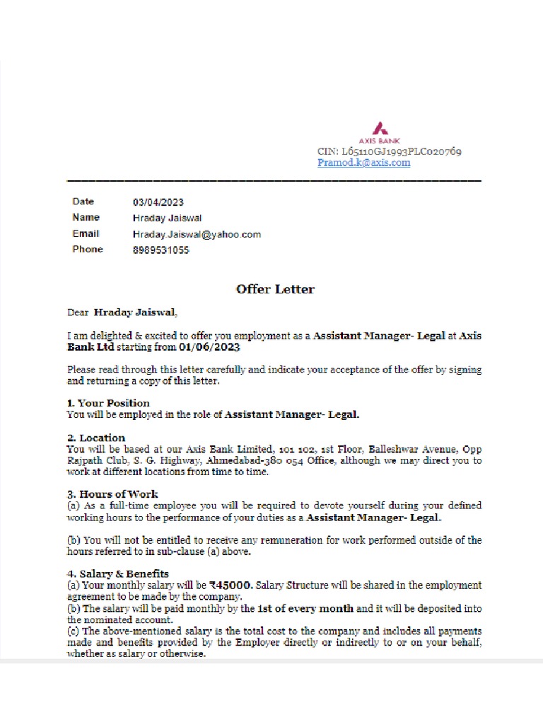 Offer Letter - Hraday Jaiswal | PDF