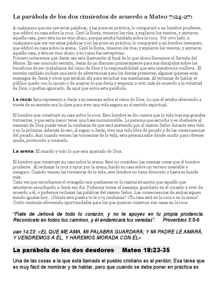 La Parábola de Los Dos Cimientos de Acuerdo A Mateo 7 | PDF