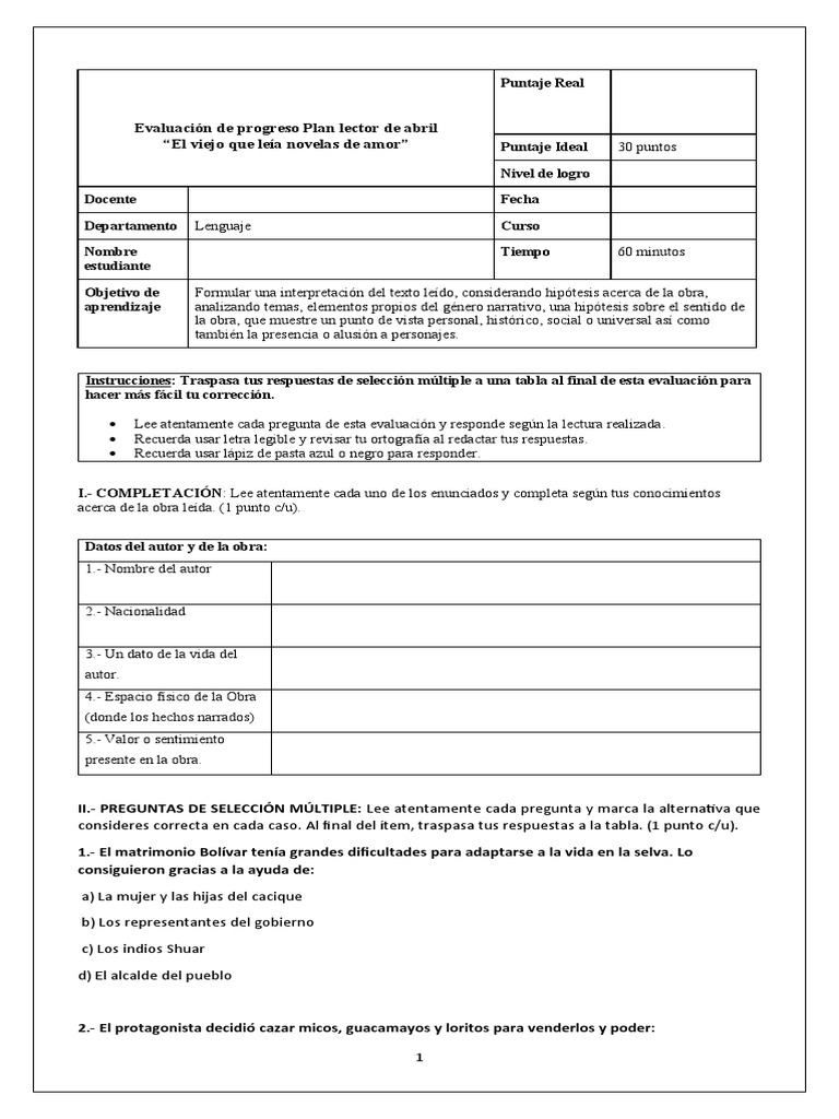 Prueba EL VIEJO QUE LEÍA NOVELAS DE AMOR | PDF | Evaluación