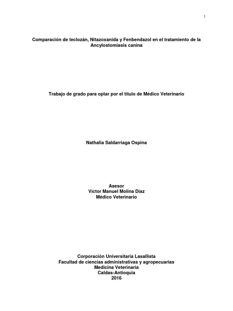 Teclozan Nitazoxanida Fenbendazol Tratamiento AncylostomiasisCanina | PDF