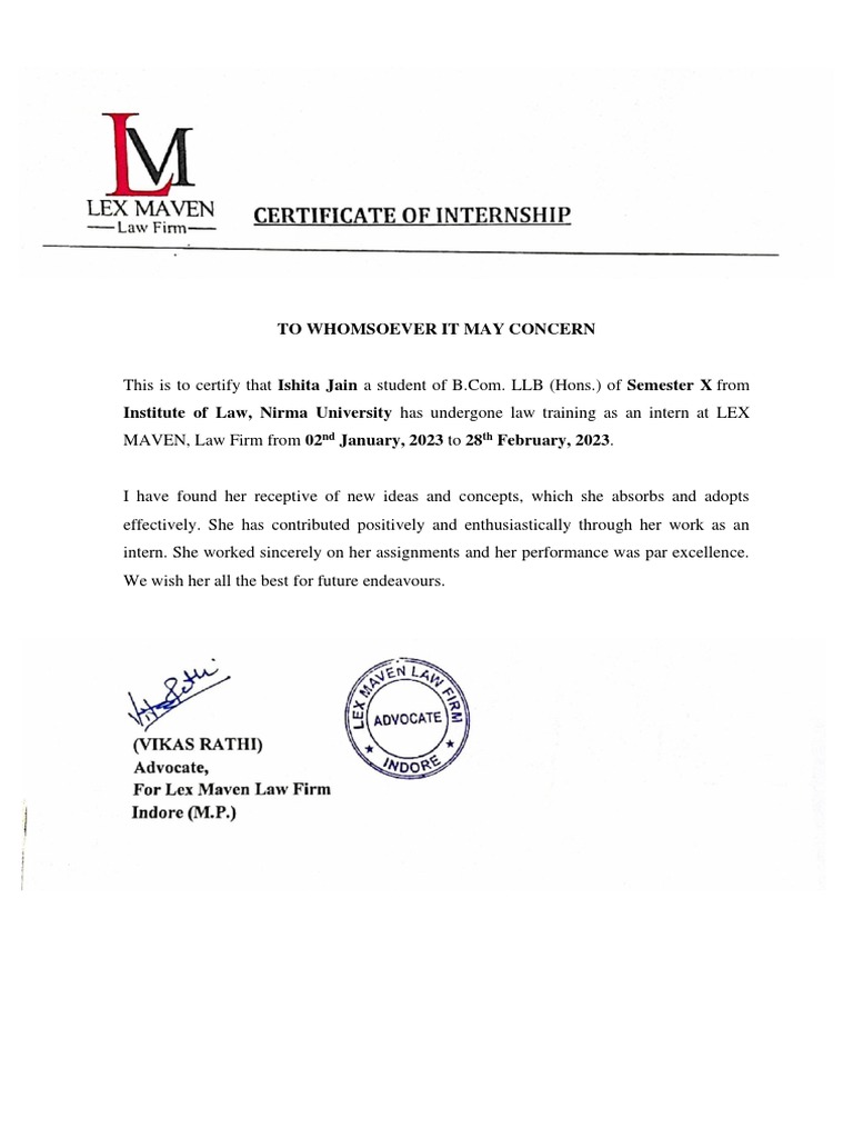 Law Internship Certificate for Ishita Jain | PDF
