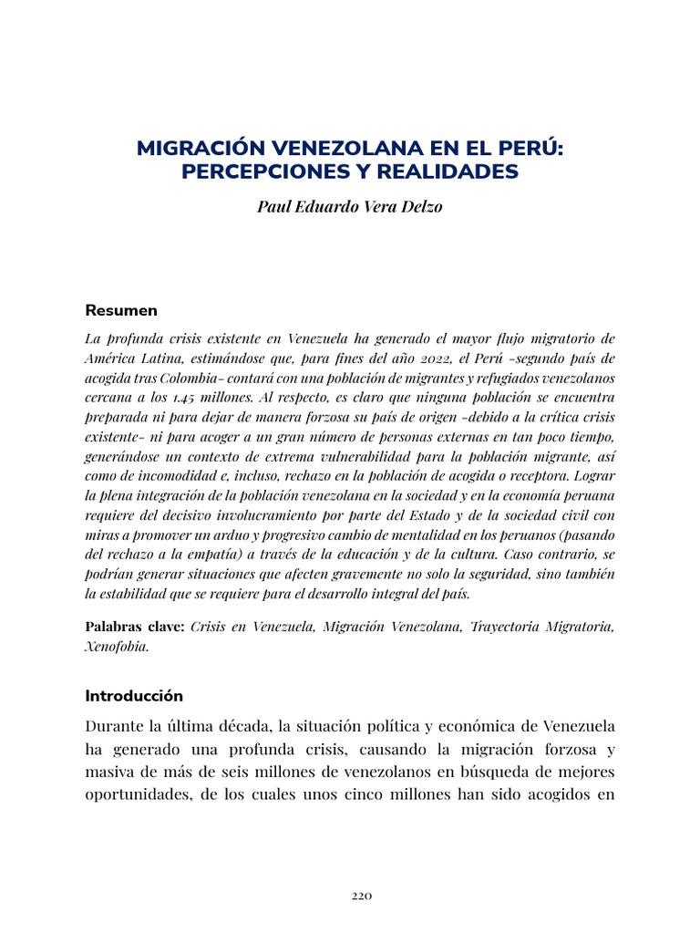 Migración Venezolana en El Perú Percepciones y Realidades Paul Vera | PDF