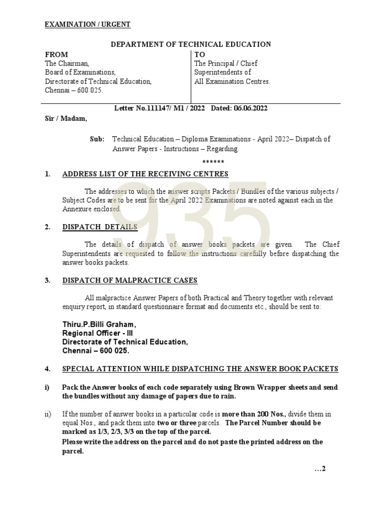 935 - Answer Book Despatch Instruction and Malpractice April 2022 | PDF