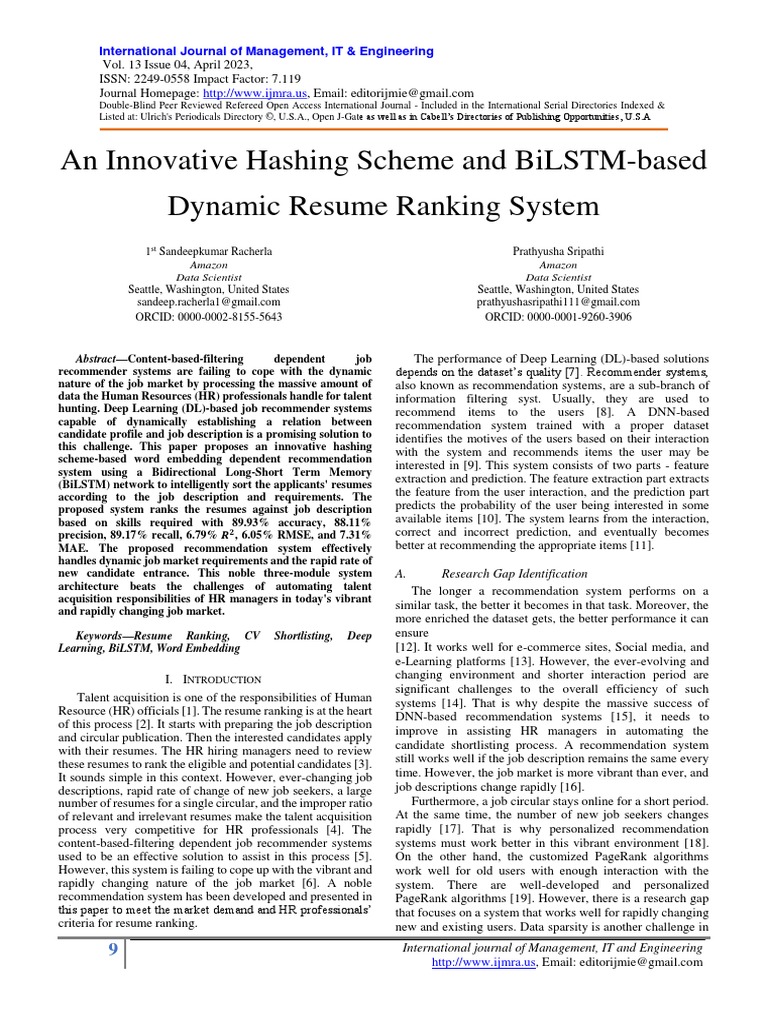 An Innovative Hashing Scheme and BiLSTM-based Dynamic Resume Ranking ... An Innovative Hashing Scheme and BiLSTM-based Dynamic Resume Ranking ...