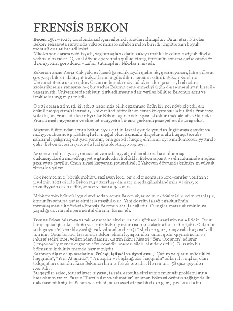 Frensis Bekon: Bekon, 1561-1626, Londonda Zad Gan Ail Sind Anadan Olmuşdur. Onun Atası Nikolas | PDF