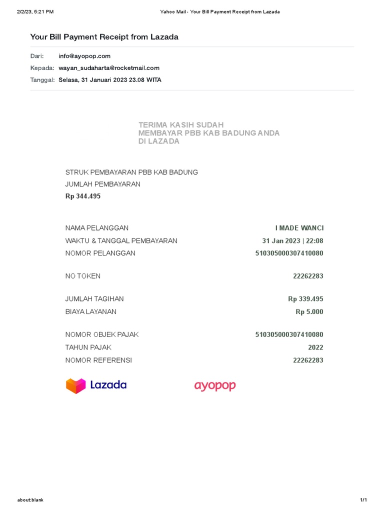 Yahoo Mail - Your Bill Payment Receipt From Lazada | PDF