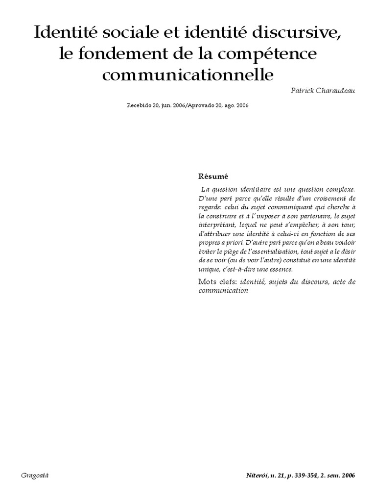 Identité Sociale Et Identité Discursive, Le Fondement de La Compétence ...