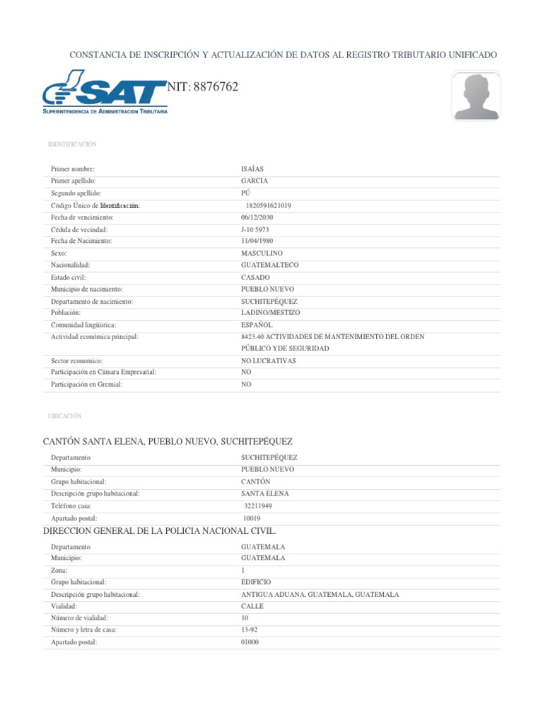 Constancia de Inscripción Y Actualización de Datos Al Registro Tributario Unificado | PDF ...