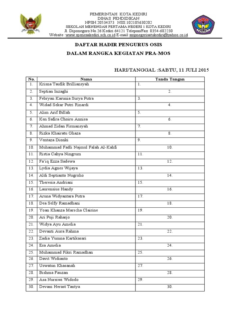 Daftar Hadir Pengurus OSIS Pra MOS | PDF