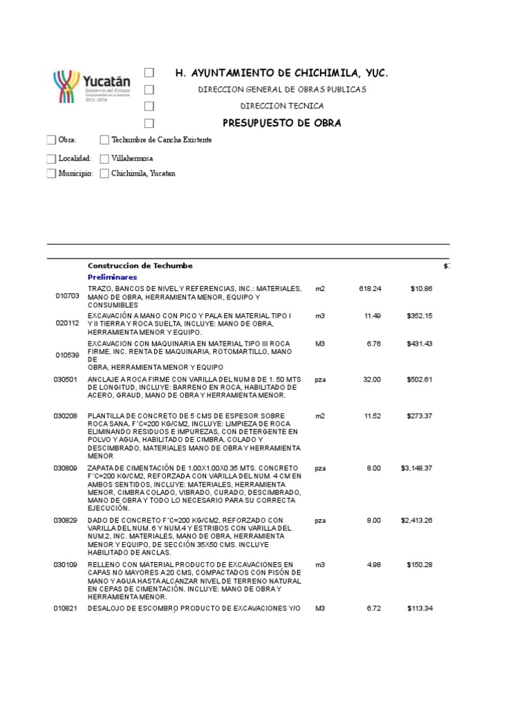 Presupuesto Techumbre Cancha Chichimila | PDF | Tornillo | Hormigón