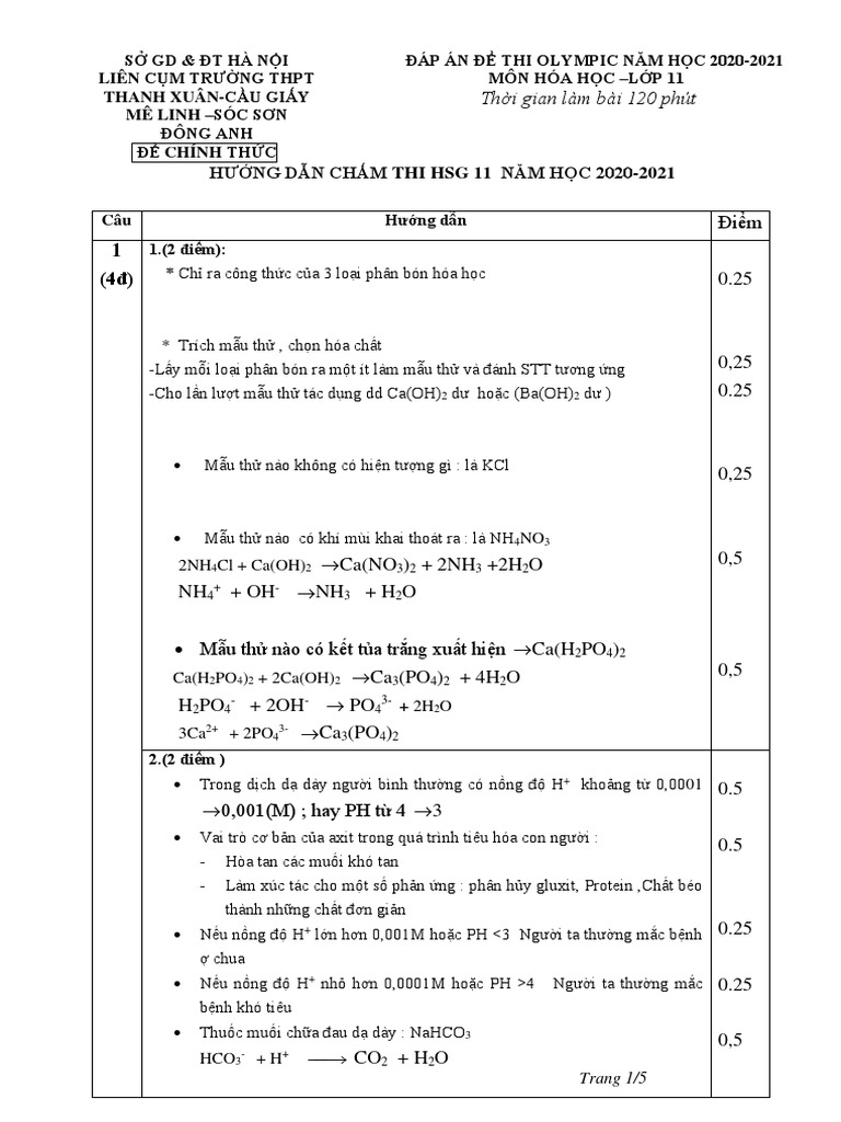 Thời gian làm bài 120 phút: Hướng Dẫn Chấm Thi Hsg 11 Năm Học 2020-2021 | PDF