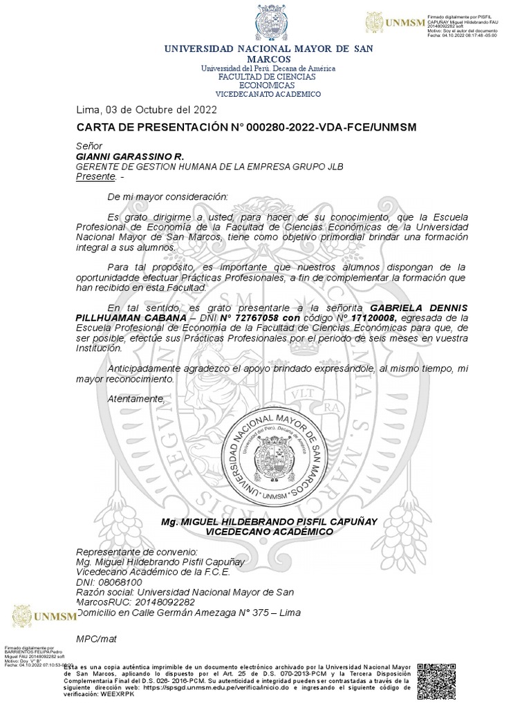 Carta de Presentación #000280-2022-Vda-Fce/Unmsm: Lima, 03 de Octubre ...