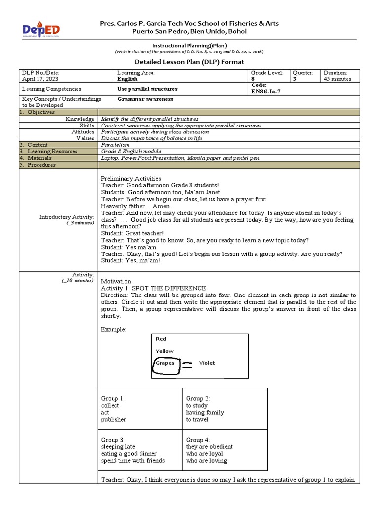 Parallelism Grade 8 English Detailed Lesson Paln | PDF