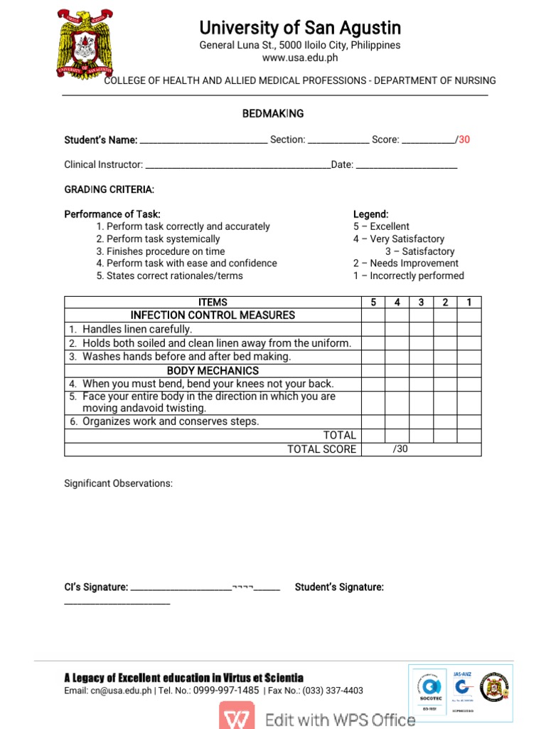 Bedmaking Closed Open Bed Performance Checklist | PDF | Pillow | Bed