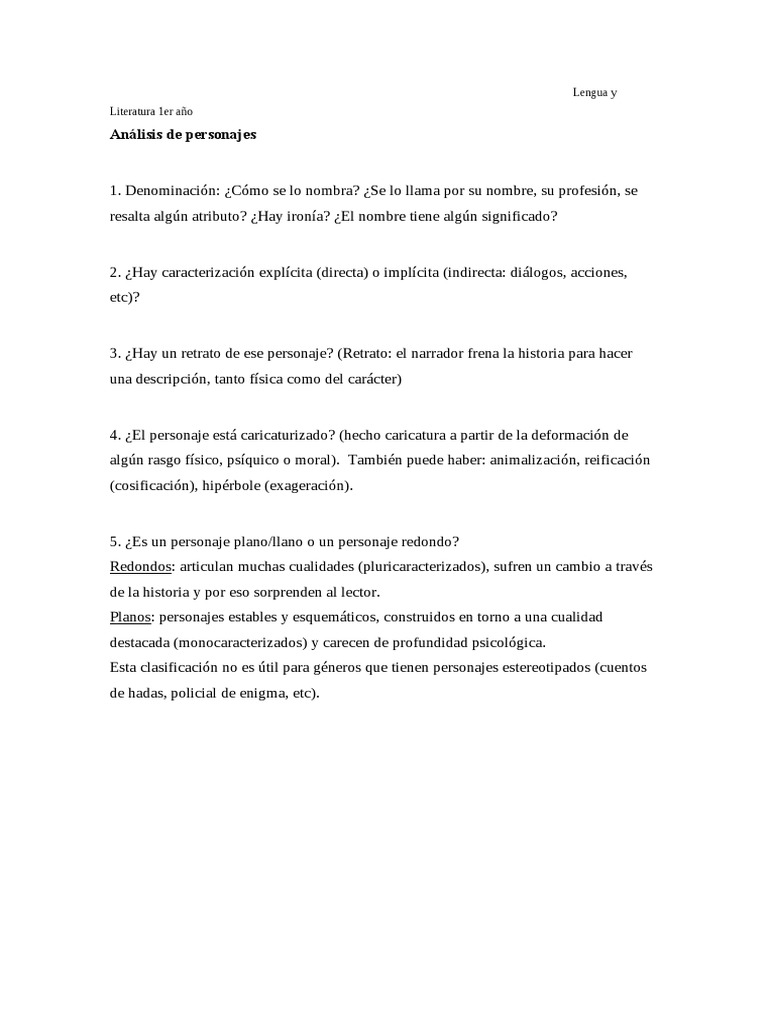 Análisis de Personajes: Lengua y Literatura 1er Año | PDF
