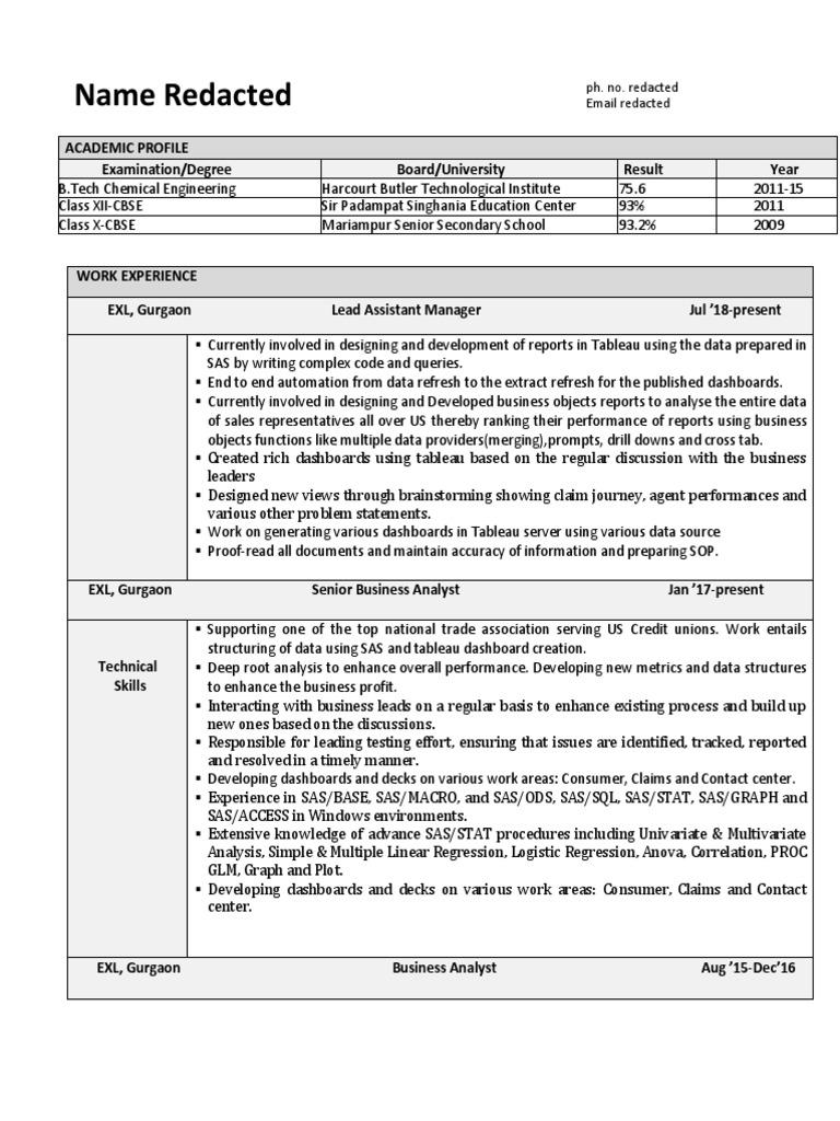 Sample Resume 3 - Excel, SAS, SQL, VBA, Tableau, MS-office Tools 3yrs ...