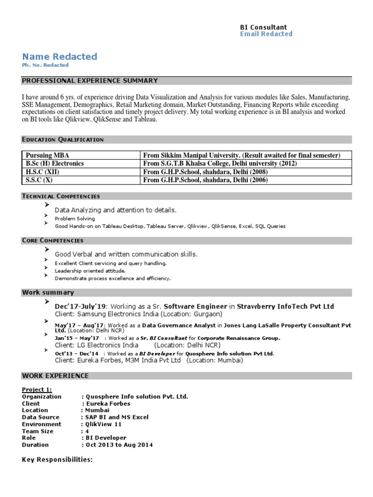 Sample Resume 4 - Tableau, Qlikview, QlikSense, Excel, SQL 6yrs | PDF