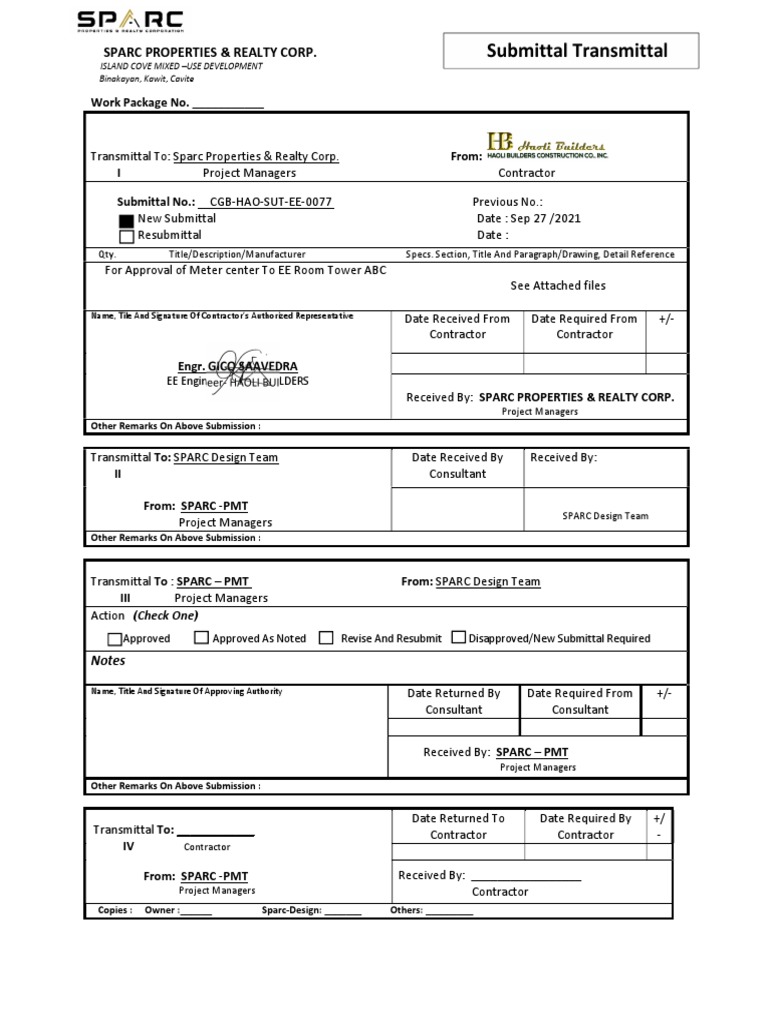 Submittal Transmittal: Sparc Properties & Realty Corp | PDF