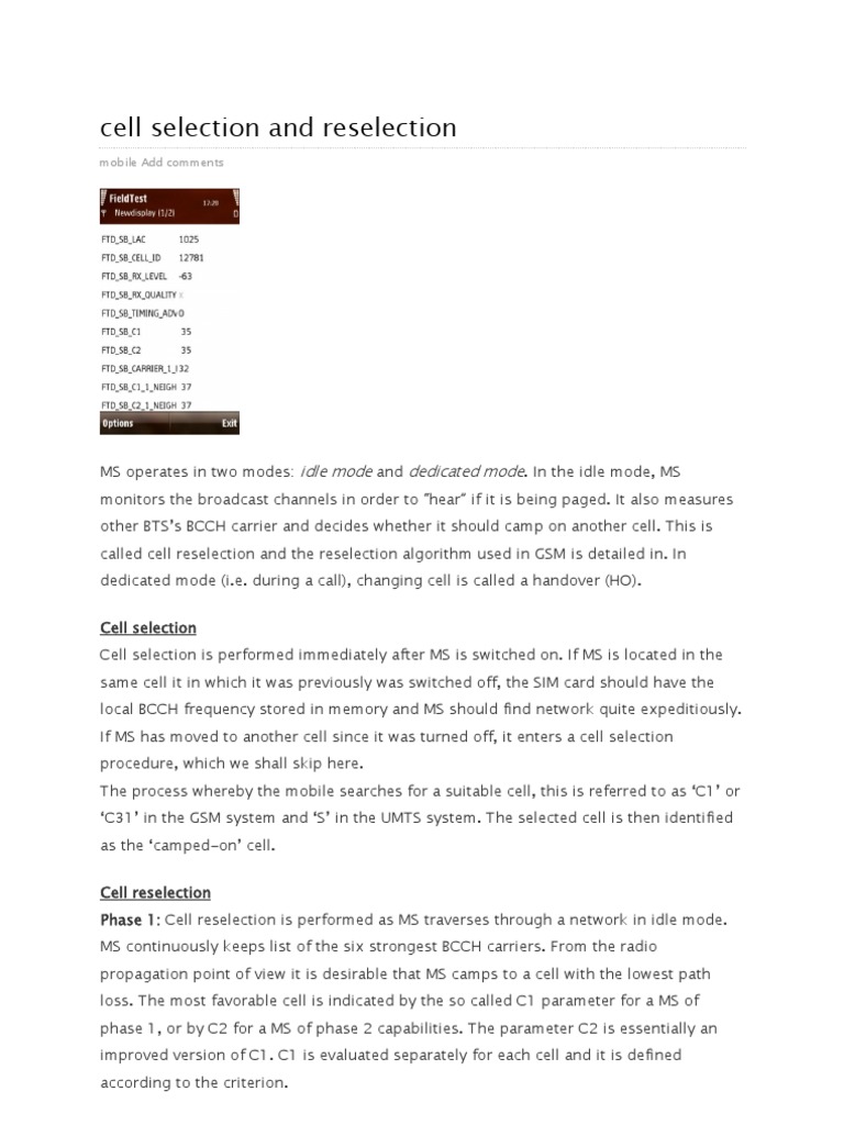 Cell Selection and Re Selection | PDF | Gsm | General Packet Radio Service