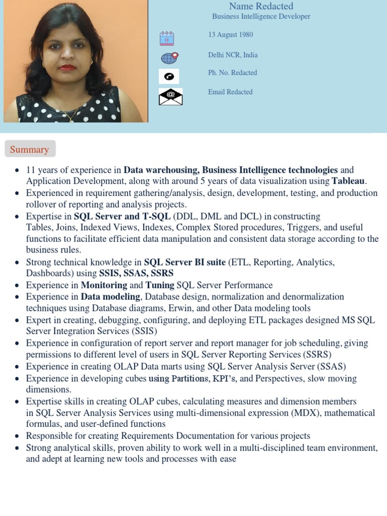 Sample Resume 7 - Tableau, SSIS, SSRS, SSAS, SQL Server, T-SQL, MySQL 16yrs | PDF | Microsoft ...