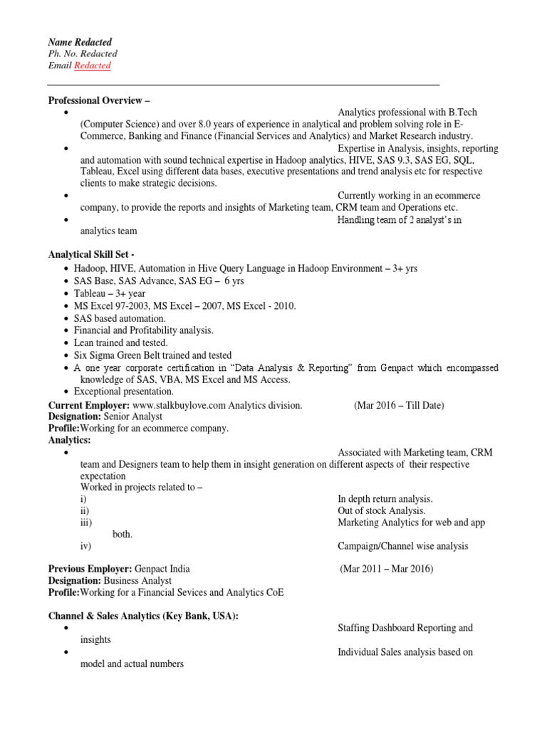 Sample Resume 10 - HIVE, Hadoop, Ad - SAS, Tableau, SAS, VBA, MS Excel ...