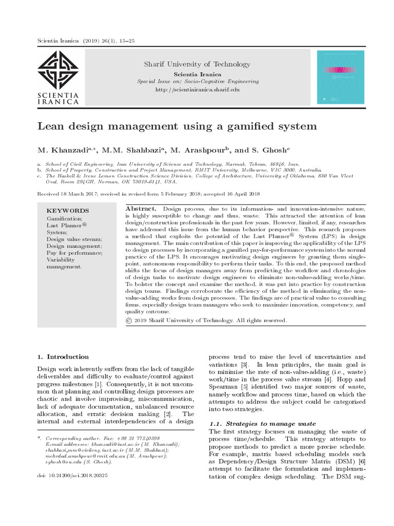 Khanzadi 2018 Lean Design Management Using A Gami | PDF | Student's T ... Khanzadi 2018 Lean Design Management Using A Gami | PDF | Student's T ...