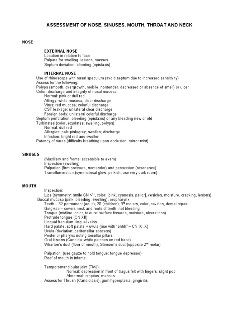 Assessment Summary Nose Sinuses Mouth Throat Neck | PDF | Thyroid | Tongue