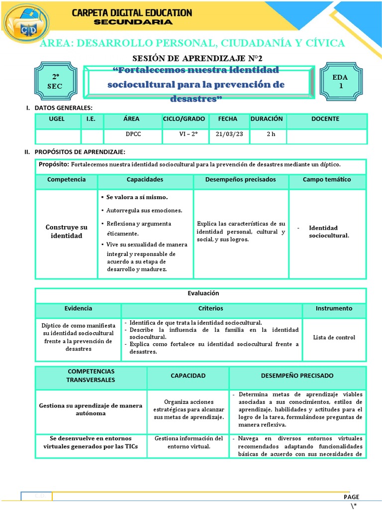 2° Sesión de Aprendizaje Sesión2-Sem.1-Exp.1 - DPCC | PDF | Aprendizaje | Evaluación