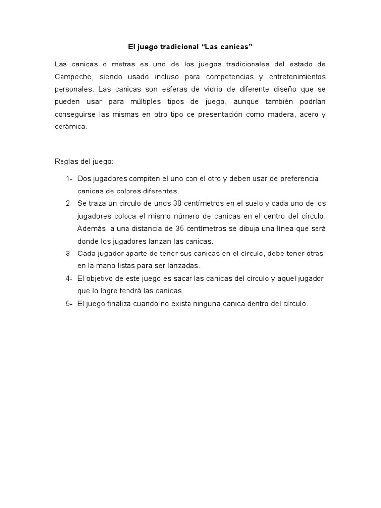 Juego Tradicional: Las Canicas | PDF