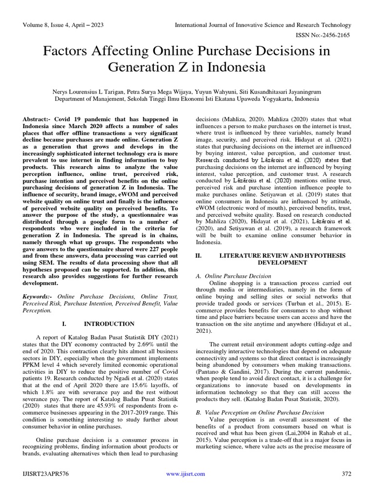 Factors Affecting Online Purchase Decisions in Generation Z in Indonesia | PDF | Brand | Online ...