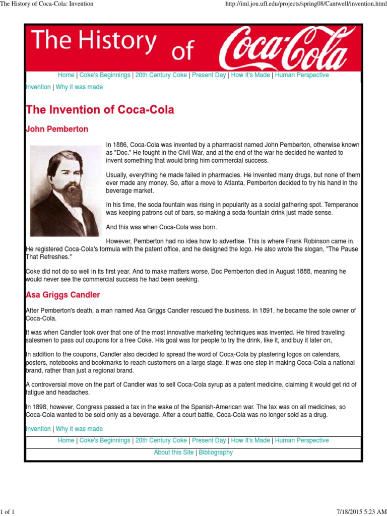 The_History_of_Coca_Cola_Invention | PDF | Coca Cola | Marketing