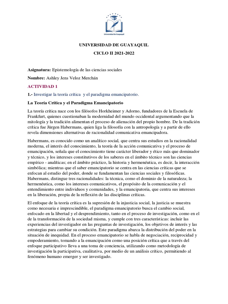 Teoría Crítica y Paradigma Emancipatorio | PDF | La teoría crítica ...