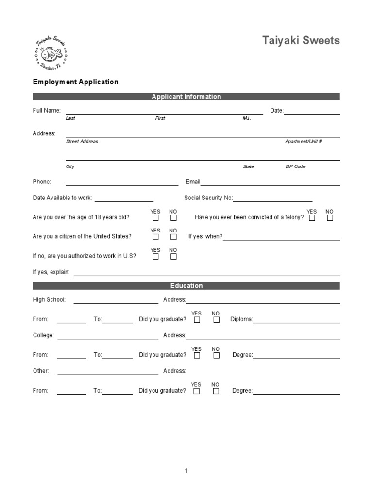 Taiyaki Sweets Employment Application | PDF