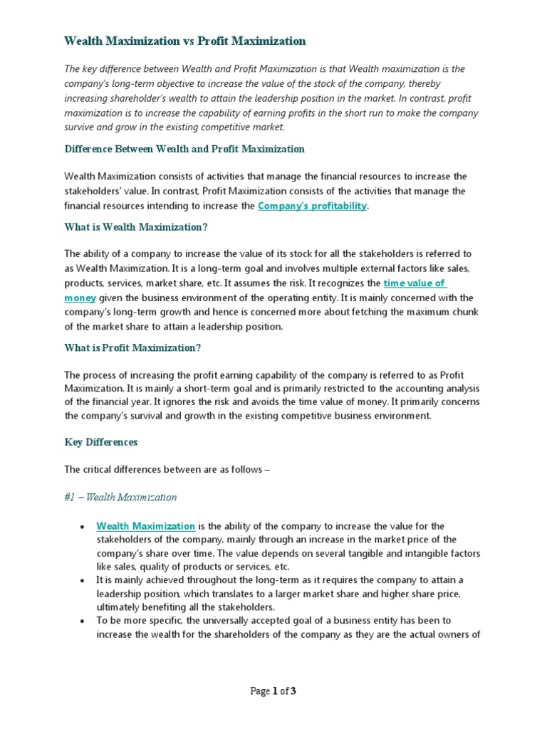 Profit Maximisation Vs Wealth Maximisation | PDF | Profit (Economics ...