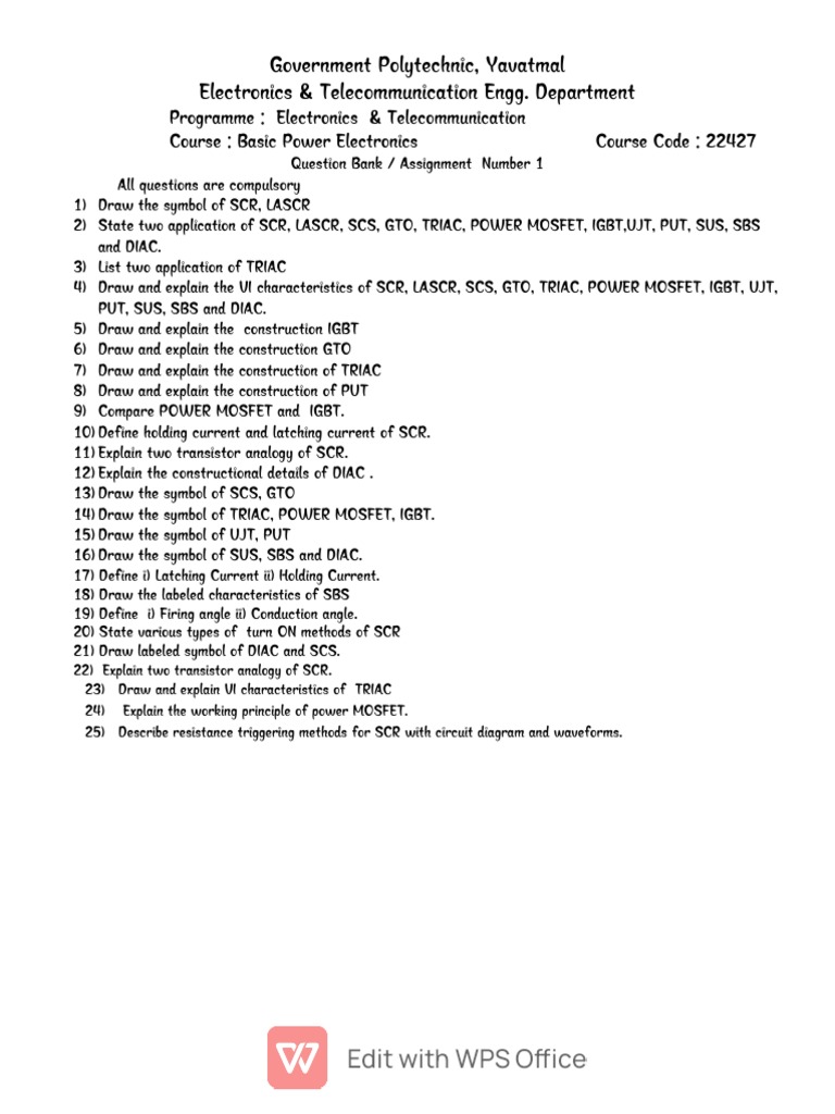 Assignment of BPE - Question Bank | PDF | Rectifier | Power Electronics