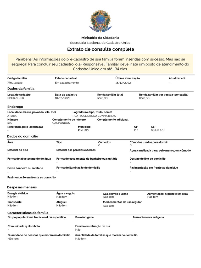 Extrato de Consulta Completa: Secretaria Nacional Do Cadastro Único | PDF