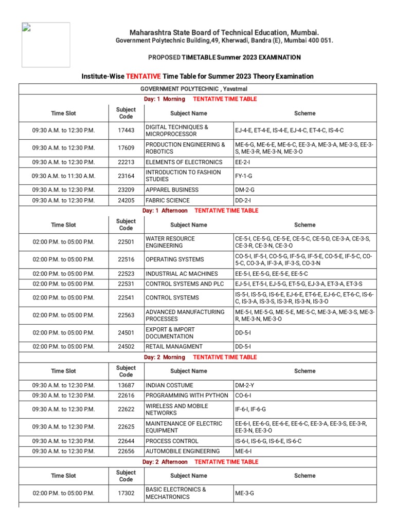 Time Table For Summer 2023 Theory Examination | PDF | Electrical ...
