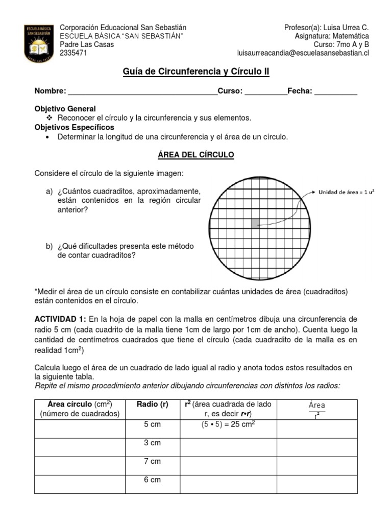 7°A Matematica Guia Circulo CircuenferenciaParte2 13 Al 23 Oct | PDF | Pi | Geometría Elemental