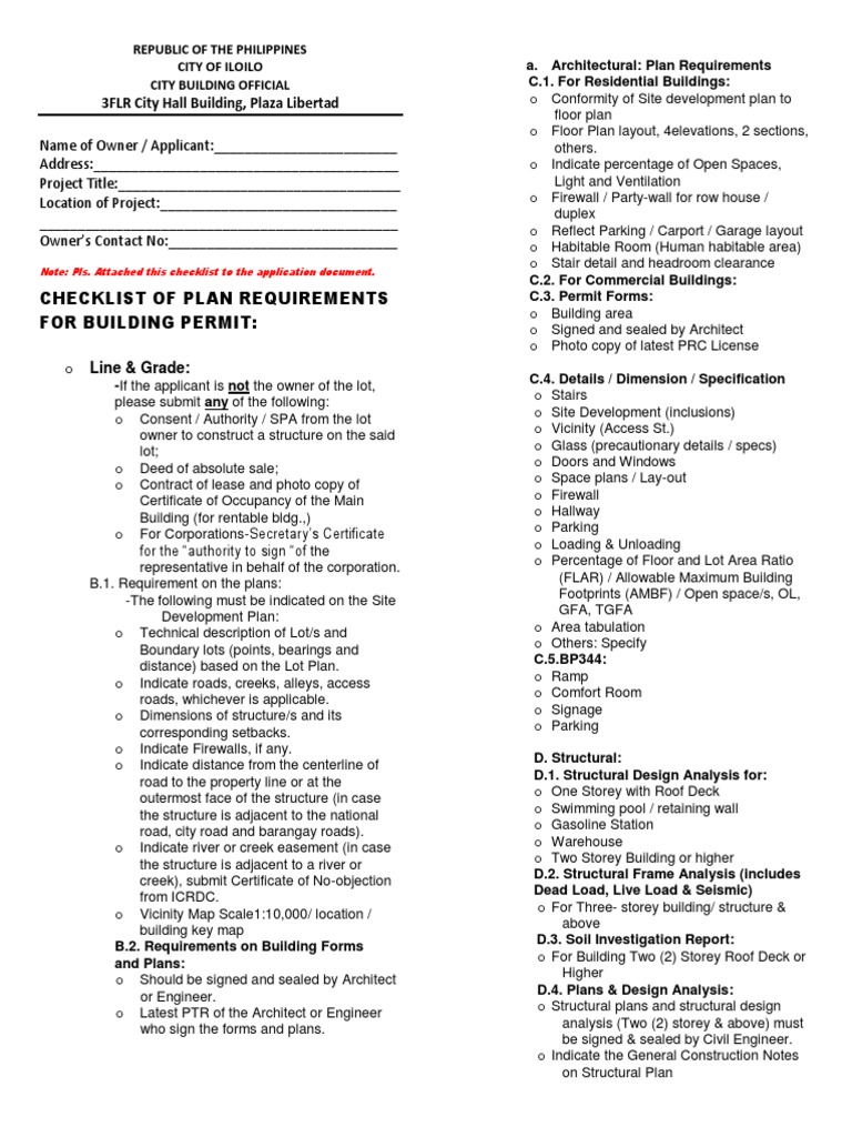 Manila City Permit Plans Requirements Checklist | PDF