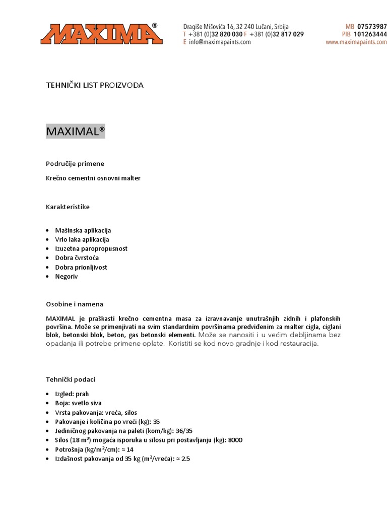 Maximal®: Tehnički List Proizvoda | PDF