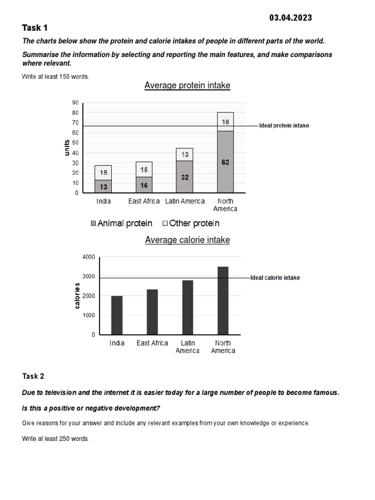 IELTS Academic Writing Task 1 Bar Graph of Protein and Calorie Intake | PDF