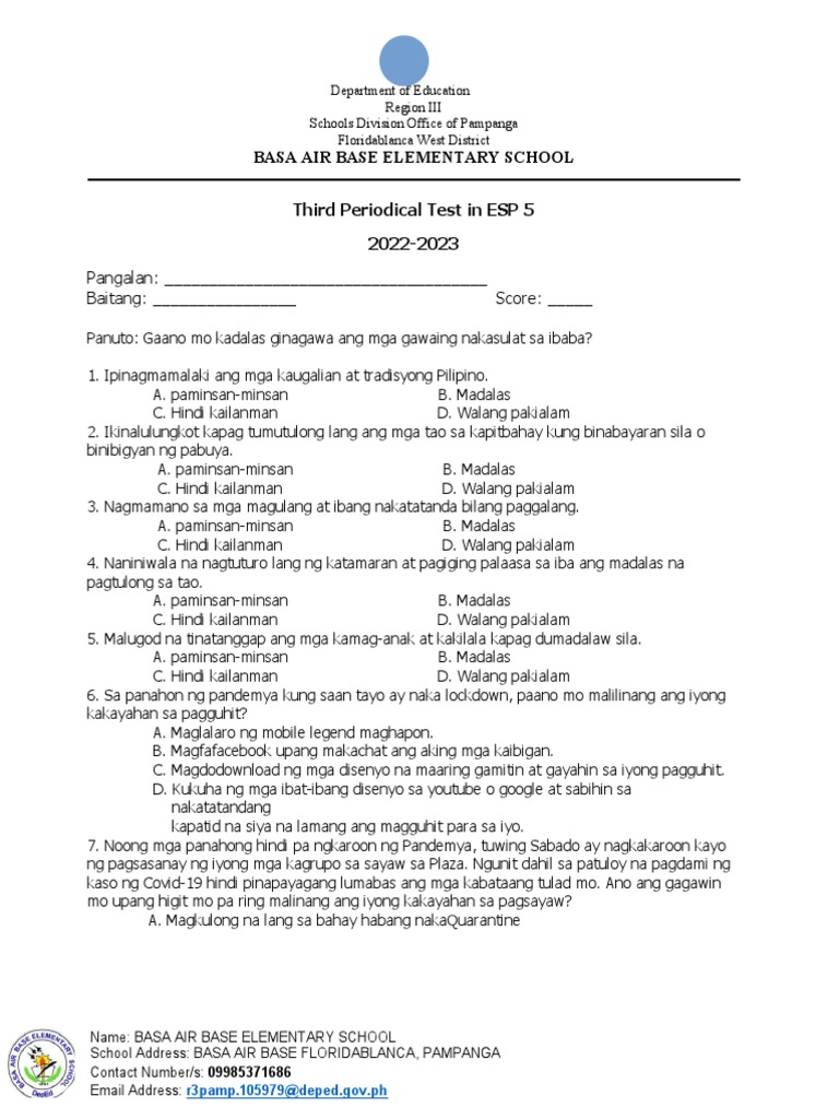 Basa Air Base Elementary School Third Periodical Test in ESP 5 2022 ...