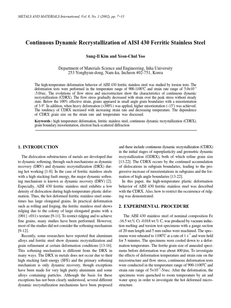 SI-Kim-2002-Continuous Dynamic Recrystallization of AISI 430 Ferritic St... | PDF | Deformation ...