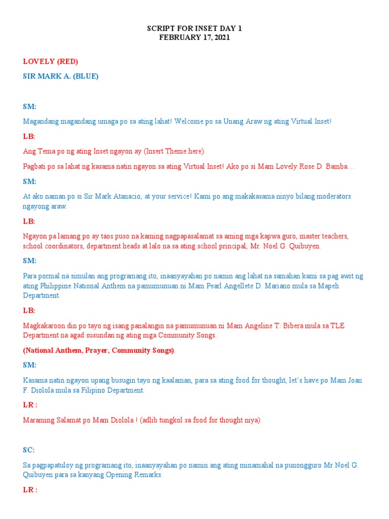 Script For Inset Day 1 | PDF