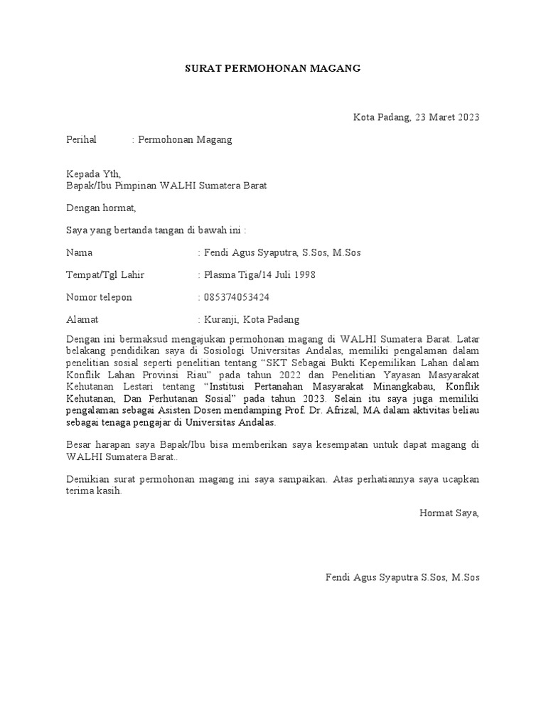 SURAT PERMOHONAN MAGANG | PDF